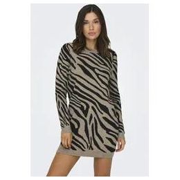 Strickkleid Only "ONLJENNI LS ANIMAL DRESS EX KNT", Damen, Gr. XS, N-Gr, braun (fossil pattern:schwarz zebra), Strick, Obermaterial: 50% Viskose, 27% Nylon, 23% Polyester, animal-print, gemustert, regular fit ca. Mitte Oberschenkel, Rundhals, Kleider
