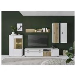 Wohnwand Inosign "HUDSON", weiß (weiß matt tz, applikation evoke eiche mdf tz), B:328cm H:180cm T:42cm, Kastenmöbel-Sets, mit moderner Rillenoptik, Griffe aus Metall (Schwarz), Breite 328 cm