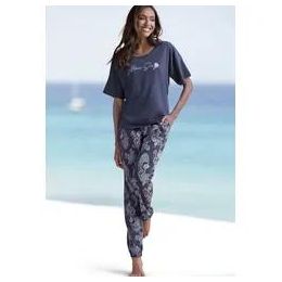 Pyjama Vivance DREAMS, Damen, Gr. 40/42, blau (dunkelblau, gemustert), Single Jersey, Obermaterial: 60% Baumwolle, 40% Polyester, gemustert, unifarben, bequem lang, Rundhals, abgesteppt, Homewear-Sets, Allover-Druck