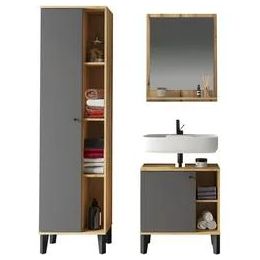 Badmöbel-Set Inosign "OSLO, Bad im skandinavischen Design", grau (eiche evoke, grau), B:121cm H:190cm T:33cm, Holzwerkstoff, Kastenmöbel-Sets, Badschränke und Spiegel, in zwei Farben verfügbar, viel Stauraum