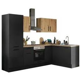 Winkelküche BASIC BY BALCULINA "Turin", schwarz (küche: schwarz, korpus: schwarz matt woodprint, arbeitsplatte: artisan eichefarben), B:270cm H:211cm T:60cm, Komplettküchen-Sets, Küchenzeile, Stellbreite 270x175 cm, wahlweise mit E-Geräten