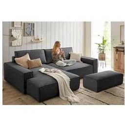 Polsterecke Home Affaire "NEU: SHERWOOD XXL tief, L-Form mit Schlaffunktion, Big-Sofa mit Hocker", grau (anthrazit), B:284cm H:90cm T:135cm, 100% Polyester, Sofas, stellbar zum Schlafsofa (Krokodilverbinder), Cord, Leinenoptik