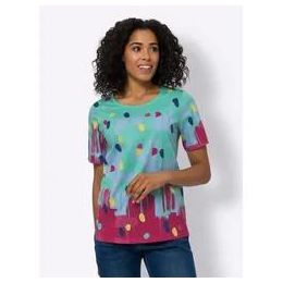Kurzarmshirt CLASSIC BASICS "Kurzarm-Shirt", Damen, Gr. 44, grün (blaugrün, pink, bedruckt), 100% Baumwolle, gemustert, mehrfarbig, Rundhals, Shirts