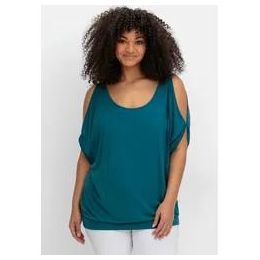Fledermausshirt sheego "T-Shirt", Damen, Gr. 44/46, blau (dunkelpetrol), 95% Viskose, 5% Elasthan, unifarben, Rundhals, Shirts
