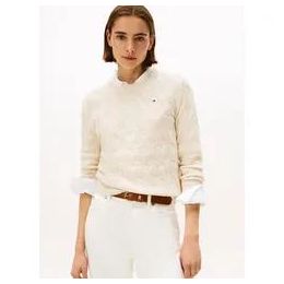 Strickpullover Tommy Hilfiger "SOFT WOOL CABLE C-NK", Damen, Gr. L (40), heather oatmilk, Strick, Obermaterial: 100% Wolle, unifarben, normal, Rundhals, Bündchen, Pullover, mit Zopfmuster, aus reiner Wolle