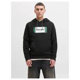 Jack & Jones Kapuzensweatshirt JACK & JONES "JJHAYATO SWEAT HOOD BTS", Herren, Gr. S, schwarz, angeraute Sweatware, Obermaterial: 60% Baumwolle, 40% Polyester, bedruckt, Modisch, regular fit normal, Rippbündchen, Sweatshirts