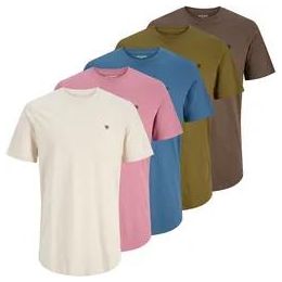 Jack & Jones Rundhalsshirt JACK & JONES "JPRBLABRODY TEE SS CREW NECK 5PK MP", Herren, Gr. S, moonbeam pack:with petrolblau, schwarzbraun, schwarzolive, bordeaux, Jersey, Obermaterial: 100% Baumwolle, unifarben, regular fit normal, Rundhals, Shirts