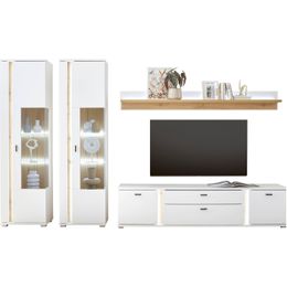 Wohnwand Inosign "LONG ISLAND", weiß (weiß, eiche), B:330cm H:200cm T:42cm, Holzwerkstoff, Kastenmöbel-Sets, in moderner Trendfarbe,inklusive senkrechter Beleuchtung,Breite 330 cm