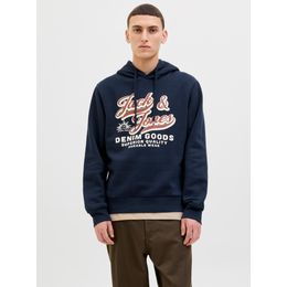 Jack & Jones Kapuzensweatshirt JACK & JONES "JJELOGO SWEAT HOOD 2 COL 25/26 NOOS", Herren, Gr. L, blau (sky captain), angeraute Sweatware, Obermaterial: 70% Baumwolle, 30% Polyester, bedruckt, regular fit normal, Rundhals, Rippbündchen, Sweatshirts, mit stylischem Print