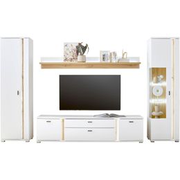 Wohnwand Inosign "LONG ISLAND", weiß (weiß, eiche), B:330cm H:200cm T:42cm, Holzwerkstoff, Kastenmöbel-Sets, in moderner Trendfarbe,inklusive senkrechter Beleuchtung,Breite 330 cm