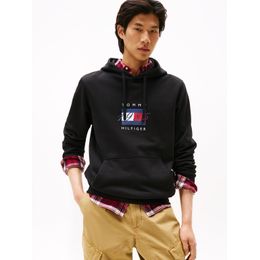 Kapuzensweatshirt Tommy Hilfiger "LINEAR FLAG GRAPHIC", Herren, Gr. L, schwarz, Sweatware, Obermaterial: 100% Baumwolle, Casual, regular fit, Rippstrickbündchen, Sweatshirts, Regular Fit, Hoodie, Kapuze mit Tunnelzug