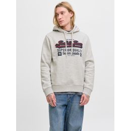Jack & Jones Kapuzensweatshirt JACK & JONES "JJELOGO SWEAT HOOD 2 COL 25/26 NOOS", Herren, Gr. L, weiß (weiß melange), angeraute Sweatware, Obermaterial: 70% Baumwolle, 30% Polyester, bedruckt, meliert, regular fit normal, Rundhals, Rippbündchen, Sweatshirts, mit stylischem Print