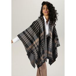Aniston SELECTED Strickponcho mit Karo-Muster und Fransen schwarz-grau-hellbraun 1 1 Jacquard-Poncho im Karo-Dessin