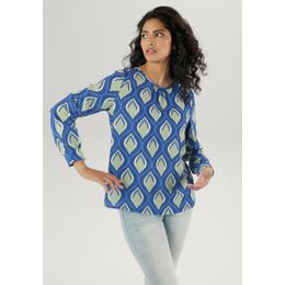 Aniston SELECTED Schlupfbluse mit Schlitz und Bindeband im R&uuml;cken dunkelblau-blau-lindgr&uuml;n-creme 40 40 Retro-Bluse aus gekrepptem Polyester