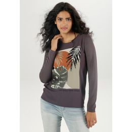 Aniston SELECTED Shirtbluse mit glänzenden Pailletten anthrazit-helloliv-schwarz-curry 44 44 Shirt mit paillettenbesetztem Frontprint