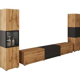 Wohnwand Inosign "BERLIN III, Vitrine Türschlag links/rechts wechselbar", schwarz (eichefarbe votan, graphite schwarz matt, eichefarbe votan, graphite schwarz matt), B:260cm H:130cm T:33cm, ABS-Kunststoff, Glas, Hartfaserplatte, Kastenmöbel-Sets, moderne grifflose Mediawand Breite 260 cm, Vitrine mit Verglasung