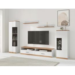 Wohnwand Home Affaire "Ribe Wohnwand Set-5 St.", weiß, eiche, Holzwerkstoff, Massivholz, Kastenmöbel-Sets, Glaseinsatz aus gehärtetem Glas,Böden teilweise versetzbar