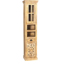 Hochschrank Sit, beige (natur), B:44cm H:188cm T:35cm, Glas, Massivholz, Schränke, Mit Holzschnitzereien