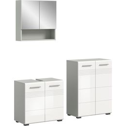 Badmöbel-Set Welltime "Calicio,bestehend aus: Waschbeckenunterschrank,Spiegel-und Midischrank", grau (hellgrau, weiß hochglanz), B:135cm H:190cm T:32cm, Holzwerkstoff, MDF, Kastenmöbel-Sets, Midischrank, hochwertige MDF Front mit Rillenfräsung