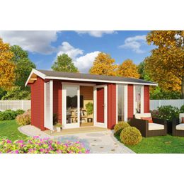 Gartenhaus Lasita Maja "Riverside", rot (schwedenrot), Fußboden im Gartenhaus, ohne Dacheindeckung, Holzwerkstoff, Gartenhäuser, Blochbohlenhaus 28mm Terrasse, Fundamentmass 4800x3000, Schwedenrot