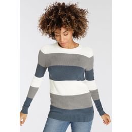 H.I.S. Strickpullover H.I.S, Damen, Gr. 32/34, blau (blau, gestreift), Strick, Obermaterial: 50% Baumwolle, 50% Polyacryl, gestreift, gerade hüftbedeckend, Rundhals, Pullover, in Streifenoptik mit Rundhalsausschnitt