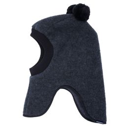 Schlupfmütze MaxiMo, Baby, Gr. 47, blau (navymeliert), Fleece, Wolle, Mützen, Wolle, gefüttert, mit zwei Bommeln, Rippstrickbünchen