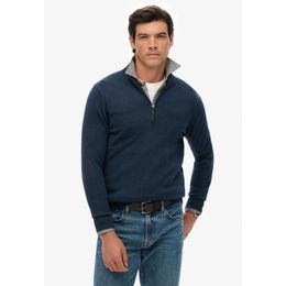 Strickpullover Superdry "ESSENTIALS COTTON HALF ZIP", Herren, Gr. L, denim navy marl, Strick, Obermaterial: 100% Baumwolle, meliert, slim fit hüftlang, Rundhals, Rippbündchen, Pullover