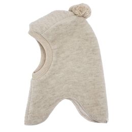 Schlupfmütze MaxiMo, Baby, Gr. 47, beige (düne), Fleece, Wolle, Mützen, Wolle, gefüttert, mit zwei Bommeln, Rippstrickbünchen