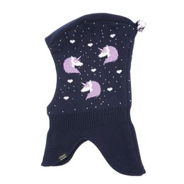 Schlupfmütze MaxiMo, Mädchen, Gr. 51, blau (navy, chive blossom), Fleece, Baumwolle, gemustert, mehrfarbig, Mützen, Baumwolle, gefüttert, im Einhorn-Design, verlängertes Halsteil