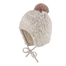 Strickmütze MaxiMo, Baby, Gr. 47, beige (beigemeliert, kontrastfarbene details), Strick, Wollmischung, kontrastfarbene Details, unifarben, Mützen, hoher Wollanteil, gefüttert, Bommel, zum Binden