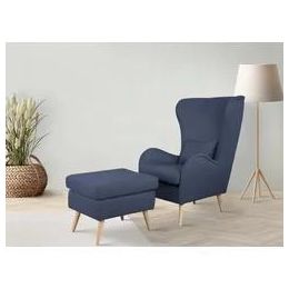 Polstergarnitur Home Affaire "Charles", blau (dunkelblau,), B:78cm H:118cm T:152cm, 100% Polyester, Sitzmöbel-Sets, Lesesessel Sessel mit Hocker Ohrensessel mit Hocker, groß und gemütlich im moderner Optik
