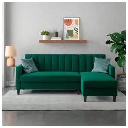Ecksofa DOREL HOME "Celine, L-Form", grün (dunkelgrün), B:213cm H:83cm T:154cm, Veloursstoff 100% Polyester, Sofas, mit Bett-Funktion und Stauraum. Recamiere beidseitig montierbar