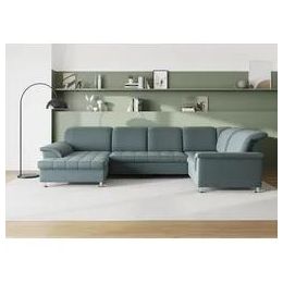 Wohnlandschaft DOMO collection "Franzi optional mit Bettfunktion, Bettkasten & Kopfteilverstellung", blau (eisblau), B:352cm H:81cm T:214cm, Flachgewebe (100% Polyester);Chenille (100% Polyester), Sofas, U-Form, Recamiere links, eisblau, B/T: 352/214 cm, Topseller