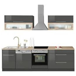 Held Küchenzeile KOCHSTATION "KS-Wien", grau (küche: grau, front: grau hochglanz, korpus: grafit, arbeitsplatte: eichefarben), B:270cm T:60cm, Komplettküchen-Sets, Küchenzeile, Breite 270 cm, wahlweise mit E-Geräten