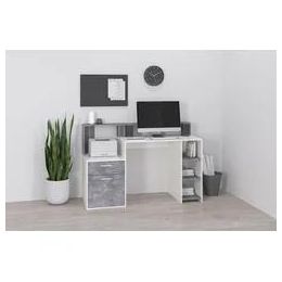 Regal-Schreibtisch FMD "Bolton", weiß (weiß, betonoptik), B:138,5cm H:92cm T:53,5cm, Tische, Schreibtisch mit Stauraum und Ablage, offene Fächer, 138,5 cm breit
