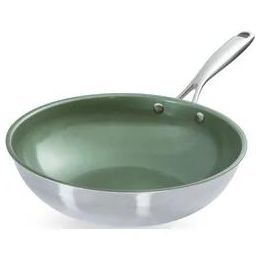 Wok JUST VEGAN "CeraVegan", grün (dunkelgrün, edelstahlfarben), B:29,5cm H:8cm L:51,5cm Ø:28cm, Pfannen, Pflanzliche Keramikbeschichtung, Induktion, Ø 28 cm