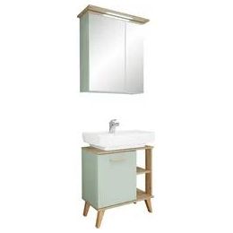 Badmöbel-Set SAPHIR "Quickset 2-teilig, Waschbeckenunterschrank mit LED-Spiegelschrank", braun (riviera eiche, salbei nachbildung), Holzwerkstoff, Kastenmöbel-Sets, Waschplatz inkl Türdämpfer, 3 Türen, 2 Einlegeböden, setiliche Ablagen