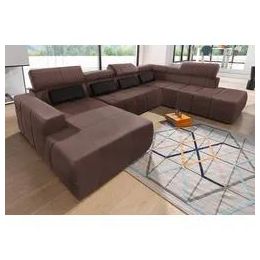 Wohnlandschaft DOMO collection "Brandon, whlw. mit Sitztiefenverstellung, inkl. Nierenkissen", braun (dunkelbraun), B:359cm H:80cm T:228cm, Kunstleder SOFTLUX;Luxus-Microfaser in Antikleder-Optik (100% Polyester);Luxus-Microfaser (100% Polyester), Sofas, mit Kopfteilverstellung, wahlweise Sitztiefenverstellung, U-Form