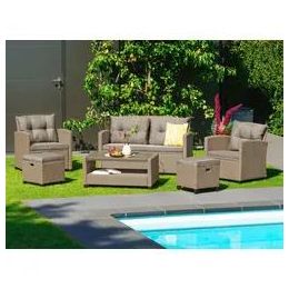 Gartenlounge-Set Konifera "Lorca", beige (beige, beige,), Polyrattan, Sitzmöbel-Sets, Gartenmöbel-Set, Polyrattan, Ablagefläche unter dem Tisch, Tischplatte aus Nonwood