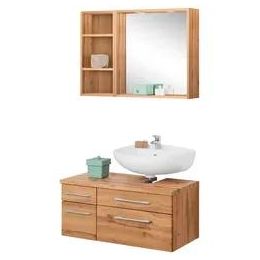 Badmöbel-Set Welltime "Davos", braun (eichefarben), Siphonausschnitt rechts, Holzwerkstoff, MDF, Melamin, Kastenmöbel-Sets, Spiegel inklusive Beleuchtung, Regal und Waschbeckenunterschrank