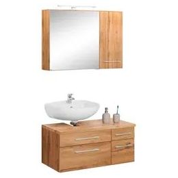 Badmöbel-Set Welltime "Davos", braun (eichefarben), Siphonausschnitt links, Holzwerkstoff, MDF, Melamin, Kastenmöbel-Sets, mit LED-Beleuchtung, Hängeschrank und Waschbeckenunterschrank
