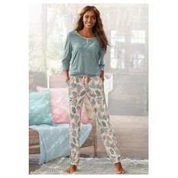 Pyjama Lascana, Damen, Gr. 44/46, jadegrün, bedruckt, Single Jersey, Obermaterial: 100% Baumwolle, bedruckt, Casual, Basic lang, Rundhals, eingesetzt,mit Aufschlag,mit Riegel, Homewear-Sets, mit gemusterter Hose