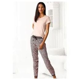 Schlafanzug s.Oliver, Damen, Gr. 32/34, rosa (hellrosa, weiß), Single Jersey, Obermaterial: 100% Baumwolle, animal-print, gemustert, Basic, lang, Rundhals, Homewear-Sets, mit Leo-Print