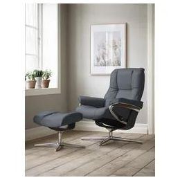 Relaxsessel stressless "Mayfair", blau (atlantic blau batick), B:83cm H:102cm T:74cm, Leder BATICK: BATICK ist ein leicht korrigiertes, durchgefärbtes und genarbtes Möbelleder, bei dem die meisten Unebenheiten und Spuren in der Regel entfernt wurden., Sessel, mit Hocker, mit Cross Base, Größe S, M & L, Holzakzent Schwarz
