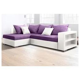 Ecksofa Collection AB "John L-Form", lila (weiß, lila), B:226cm H:80cm T:160cm, Sofas, Regalarmlehne,Bettfunktion,Bettkasten,Ottomane beiseitig montierbar