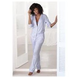 Pyjama Vivance DREAMS, Damen, Gr. 32/34, blau (blau, weiß), Single Jersey, Obermaterial: 100% Baumwolle, gestreift, klassisch lang, V-Ausschnitt, eingesetzt, Homewear-Sets, mit feinem Muster