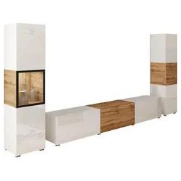 Wohnwand Inosign "BERLIN III, Vitrine Türschlag links/rechts wechselbar", weiß (weiß matt, eichefarbe votan, weiß hgl, eichefarbe votan), B:260cm H:130cm T:33cm, ABS-Kunststoff, Glas, Hartfaserplatte, Kastenmöbel-Sets, moderne grifflose Mediawand Breite 260 cm, Vitrine mit Verglasung