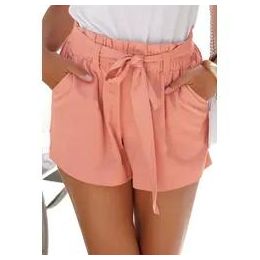 Shorts Lascana, Damen, Gr. 42, N-Gr, beige (puder), Web, Obermaterial: 58% Viskose, 28% Baumwolle, 14% Leinen, unifarben, Modisch, figurumspielend kurz, Hosen Paperbag-Hose Shorts Strandshorts, im Paperbag-Stil aus Leinenmix, kurze Hose, Leinenhose