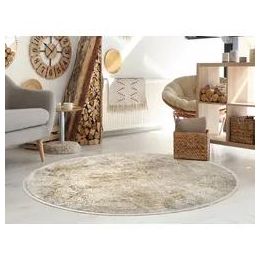 Teppich OCI DIE TEPPICHMARKE "BESTSELLER CAVA", beige (beige, goldfarben), H:8mm Ø:160cm, Viskose, Teppiche, Fransenteppich, Glanz Viskose, Hoch Tief Struktur, mit Fransen, Wohnzimmer