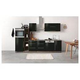 Küchenzeile KOCHSTATION "KS-Samos", schwarz (küche: schwarz, front: schwarz hochglanz, korpus: eiche vintage, arbeitsplatte: eiche vintage), B:310cm H:200cm T:60cm, Komplettküchen-Sets, Küchenzeile, Breite 310 cm, wahlweise mit E-Geräten und Induktionkochfeld
